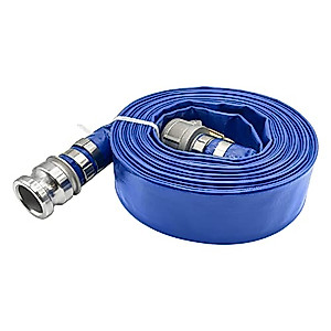 Poolzilla 1.5" x 100' Flat Industrial Blue PVC Backwash Hose with Aluminum Camlock with C & E Fittings, Heavy Duty Reinforced Pump Backwash Hose For Swimming Pools & Spas, 90 PSI Max Pressure