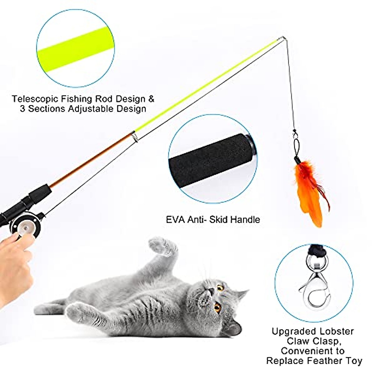 9 PCS Cat Fishing Pole Toy, Retractable Cat Feather Toys with Cat Wand Plush Fish Worm Feathers with Bells Catnip Interactive Cat Teaser Toys for Kitten Cat