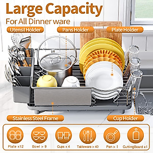 Urackify Dish Rack, 304 Stainless Steel Dish Drying Rack for Kitchen Counter, Dish Drainer with Cutlery Holder for Large Capacity, Dish Drying Rack with drip Tray, Grey