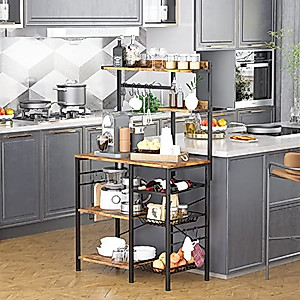Kitchen Baker’s Rack with 2 Pull Out Wire Baskets, Microwave Stand with Storage Shelf & Wine Rack, 5-Tier Utility Coffee Bar Station with 10 Hooks for Spice Rack Organizer Workstation, Rustic Brown
