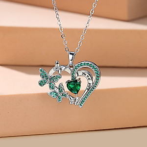 OPALead Heart Butterfly Pendant Necklace 925 Sterling Silver Sapphire Ruby Double Heart Necklace Gifts for Women Jewelry Mothers Day Valentines Birthday Gifts for Girls (Green)