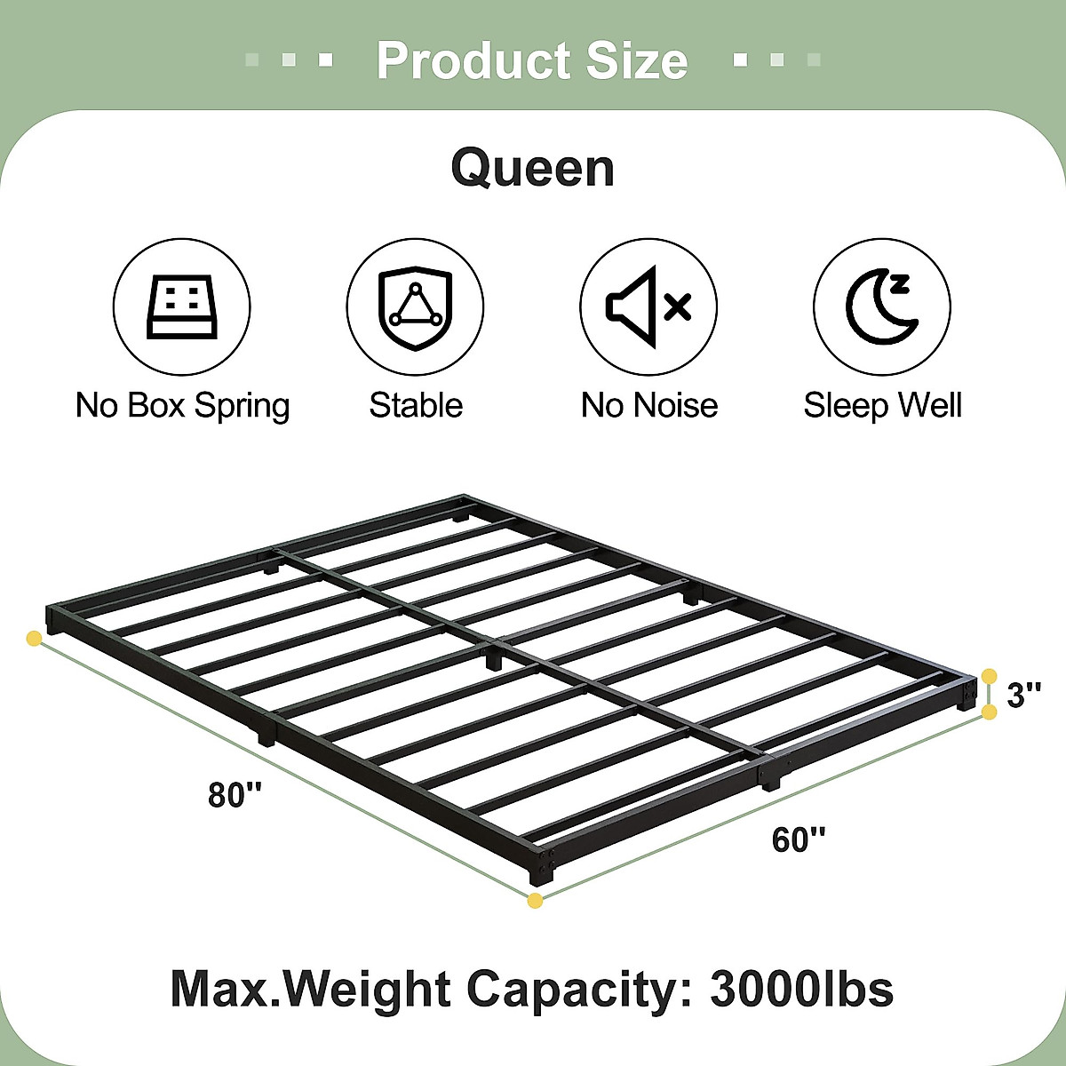 Fly-CTsoar 3 Inch Low Queen Bed Frame Heavy Duty Metal Platform, No Box Spring Needed, Easy Assembly Mattress Foundation, No Noise, Black