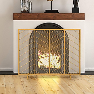 Tangkula Fireplace Screen, Contemporary Chevron Freestanding Fireplace Screen w/Sturdy Wrought Iron Frame, Gold-Tone Fire Spark Guard Gate w/Metal Decorative Mesh for Outdoor or Indoor Use