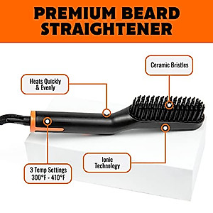 Tame The Wild Premium Beard Straightener - Ionic Anti-Scald Technology - Heated Beard Brush - 3 Temp Settings - Wooden Comb Included - Gift Set