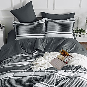 PHF 7 Pieces California King Comforter Set, Striped Bed in A Bag, Charcoal Grey White Bedding & 18" Deep Pocket All Season, Ultra Soft Bedding Sets with Comforter, Sheets, Pillowcases & Shams