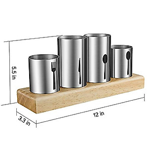 Silverware Holder,HBlife Utensil Holder with Caddy Silverware Container for Spoons ,Knives ,Forks Silverware Display Organizer Kitchen Dinner Table,Stainless Steel with Bamboo Wood Base