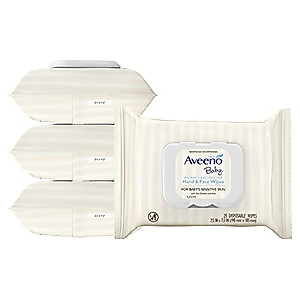 Aveeno Baby Fragrance Free Hand & Face Wipes with Oat Extract & Aloe, Cleansing & Moisturizing Baby Wipes for Sensitive Skin, Sulfate-, Alcohol-, & Paraben-Free, Hypoallergenic, 25 ct