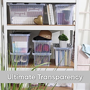 Superio Storage Box with Hinged Lids, Plastic Container Bins for Organizing with Attached Lid, Stackable Crates, BPA Free, Organizers for Home, Office, Dorm (Clear with Grey Lids, 15"x10"x7")
