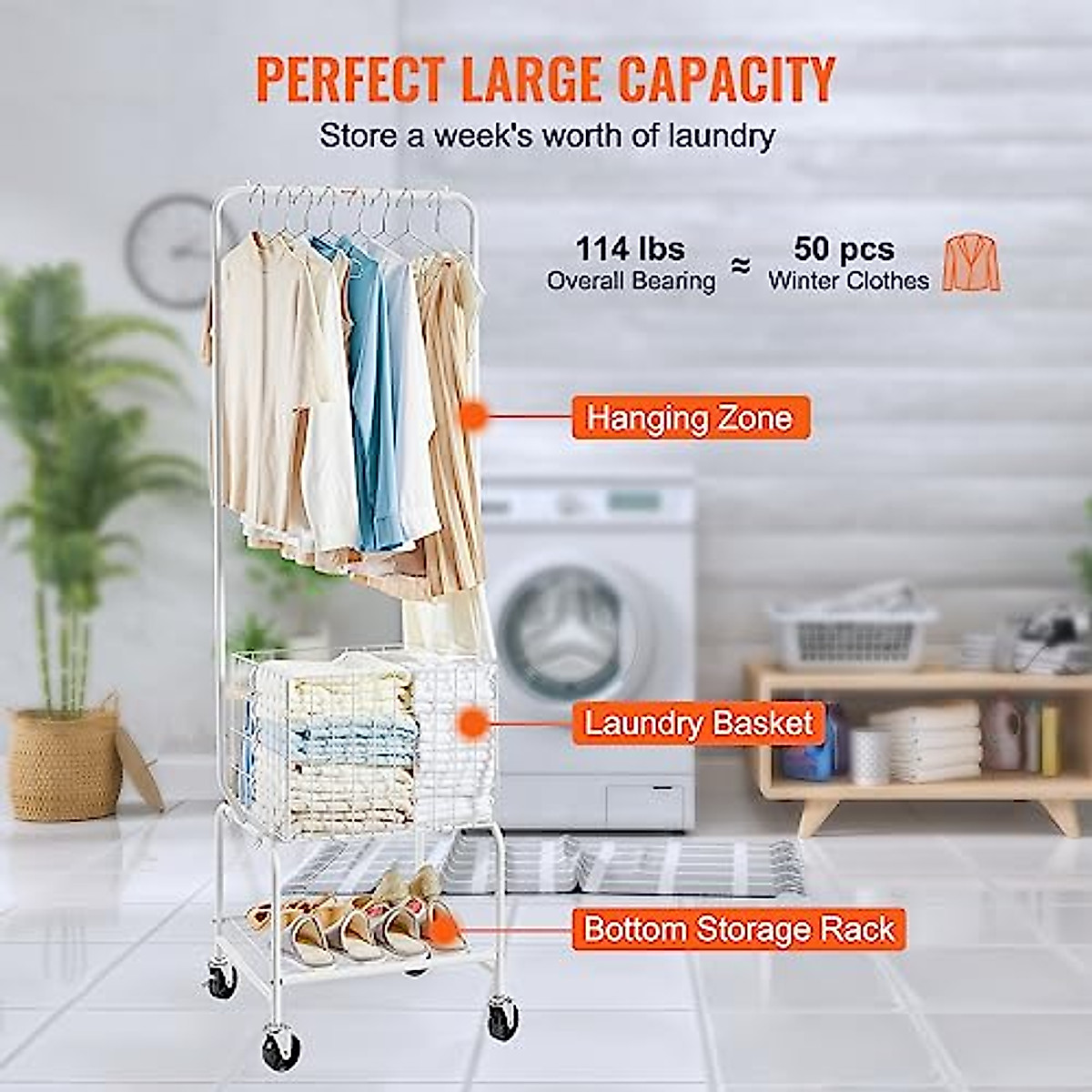 VEVOR Metal Rolling Laundry Basket with Hanging Garment Rack, Laundry Hamper Cart Adjustable Height with Basket Load and Shelf Load, Storage Organizer with Heavy Duty Lockable Wheels
