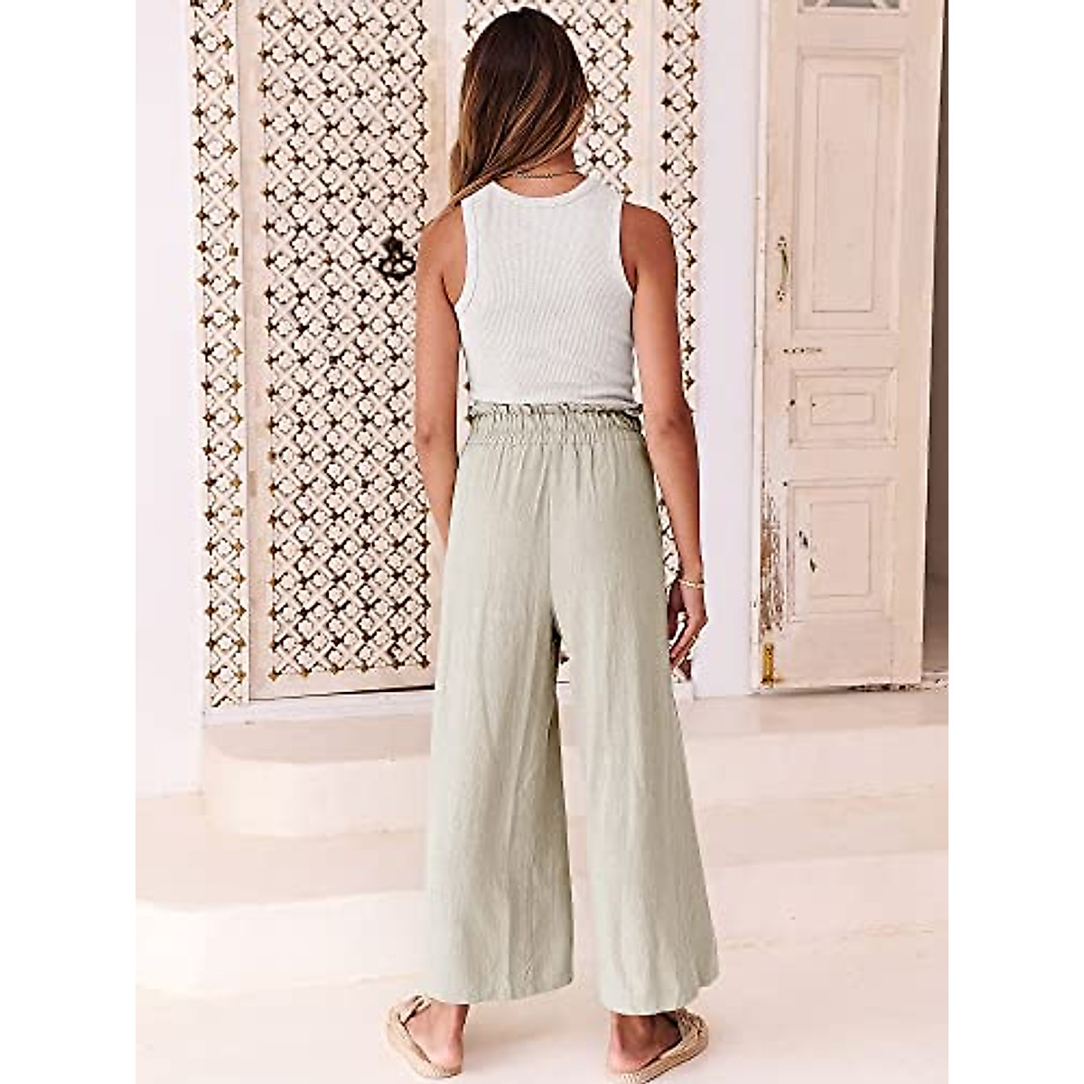 ANRABESS Women's Linen Pants Casual Loose High Waist Drawstring Wide Leg Capri Palazzo Lounge Pants Cropped Trousers Summer Boho Outfits 939maxing-S Beige