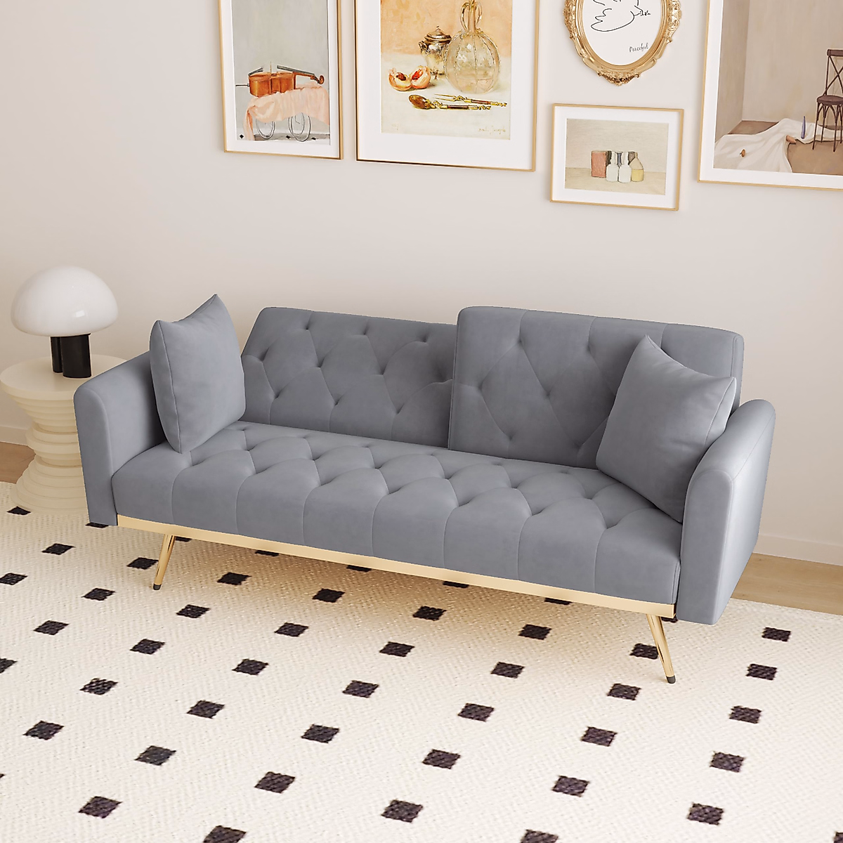 68.3" Grey Velvet Couch, Tufted Loveseat Sofa, Convertible Futon Sofa Bed, Accent Sofa Recliner, Golden Metal Legs, 2 Couch Pillows, Mid Century Modern Sofas for Home Living Room Bedroom