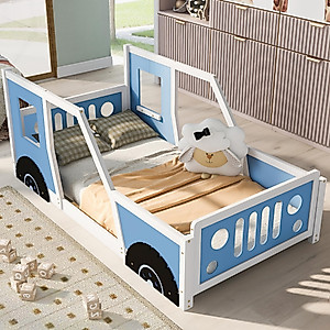 Acosure Twin Size Classic Car-Shaped Platform Bed with Wheels,Headboard and Footboard,Bedroom Wood Bed Frame W/No Box Spring Required,Easy to Assemble,for Kids Teens Girls Boys,Blue