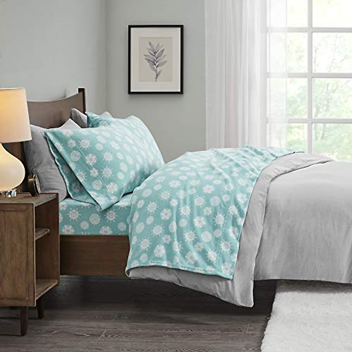 Sleep Philosophy True North Micro Fleece Bed Sheet Set, Warm, Sheets with 14" Deep Pocket, for Cold Season Cozy Sheet-Set, Matching Pillow Case, Twin, Blue Snowflake, 3 Piece