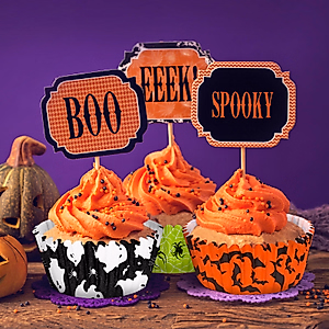 Whaline 600Pcs Halloween Cupcake Liners Pumpkin Witch Legs Bats Ghosts Spiders Skulls Cupcake Wrappers Baking Cups Holders Muffin Baking Liners for Halloween Party Supply