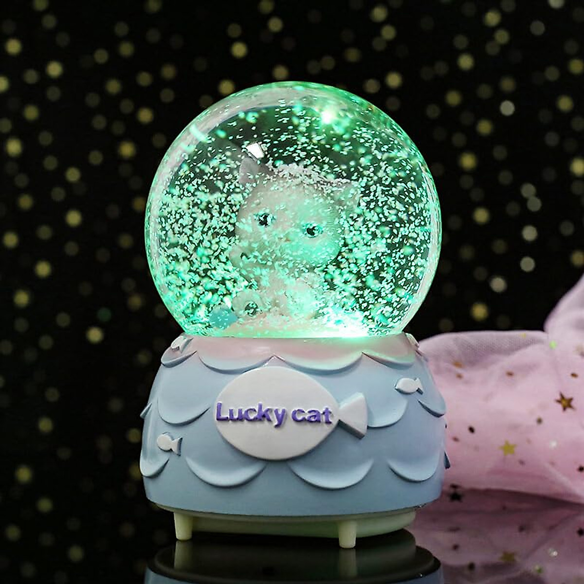 Yuehuam Cute Cartoon Cat Globe Ball Music Box with LED Light Color Changing Snow Globes with Resin Base Novelty Ornament Gift for Christmas Birthday Valentines Day Women Mom Daughter, 1Pc
