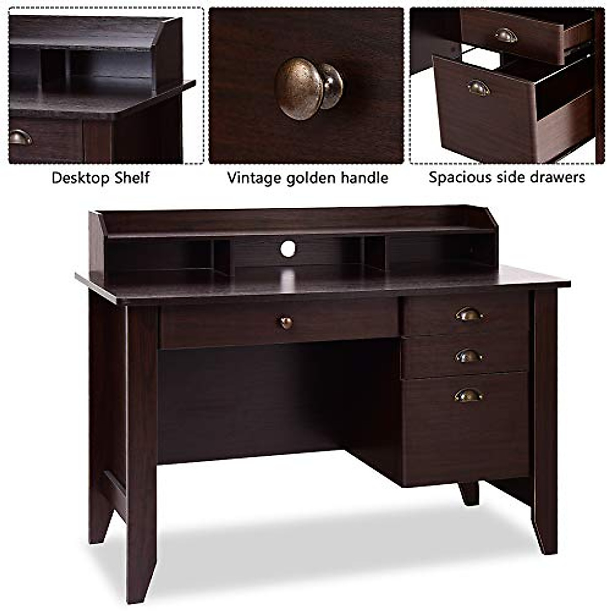 WATERJOY 48" Computer Desk with 4 Storage Drawers and Hutch Wood Executive Table for PC Laptop Table