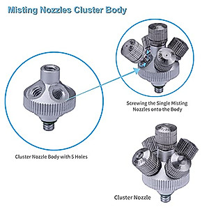 Fogland Misting Nozzle Cluster 5pcs with 25 Single 10/24unc thread Misting Nozzle 0.016" Orifice for patio garden outdoor misting cooling system