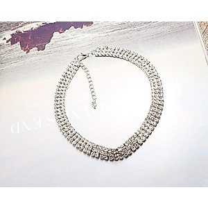 Layered Chain Necklace Shark Tooth Design Tassel White Rhinestone Choker Necklaces for Women (3 Row)