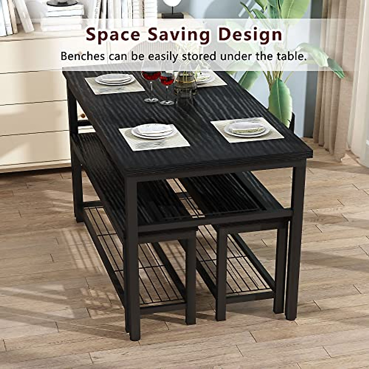 Lamerge 3-Piece Dining Table Set, Black Dining Table with Storage Shelf, Kitchen Table and Chairs Set for 4, Dining Table Set with 2 Benches, Industrial Dining Table Set for Dining Room, Kitchen