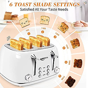 Toaster 4 Slice Stainless Steel Toaster with Bagel, Cancel, Defrost Function, Keenstone 4 Slice Toaster with Removable Crumb Tray, 4 Extra Wide Slots, 6 Shade Settings, White