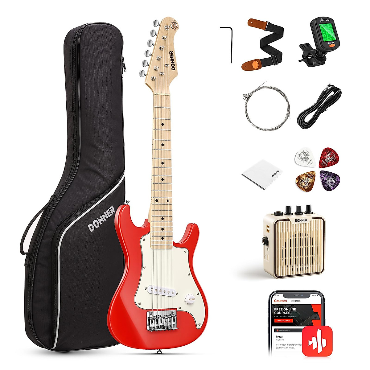 Donner 30 Inch Kids Electric Guitar Beginner Kits ST Style Mini Electric Guitar for Boys Girls with Amp, 600D Bag, Tuner, Picks, Cable, Strap, Extra Strings, DSJ-100, Red