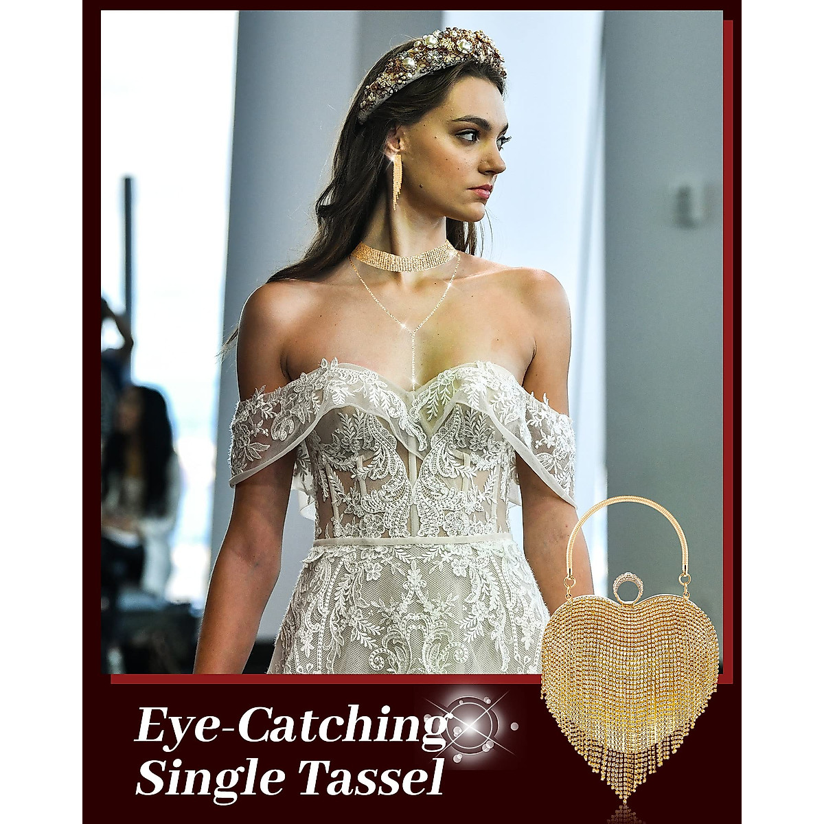 MTLEE 5 Pcs Heart Purse Rhinestone Tassel Evening Clutch Bag Valentine's Day Jewelry Set for Women Wedding Dinner (Gold)