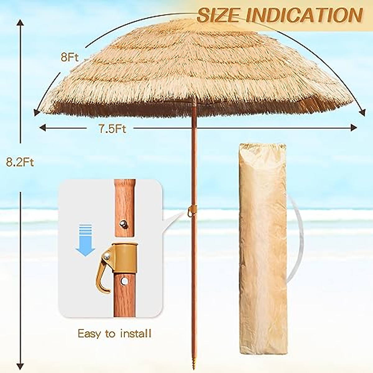 FULLSUN PARASOL Tiki Thatched Beach Umbrella, 7.5ft Large Heavy Duty Wind Portable Hawaiian Hula Umbrellas with Sand Anchor, UV 50+ Protect for Tiki Bar Outdoor Pool Patio Garden