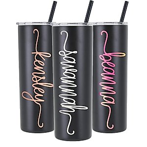 20 oz Stainless Steel Skinny Tumbler with Personalized Swirl Name Decal in Opal or Chrome Vinyl by Avito - Includes Straw and Lid - Bridesmaid, Bachelorette, Bridal Party Gifts, Mother's Day Gift