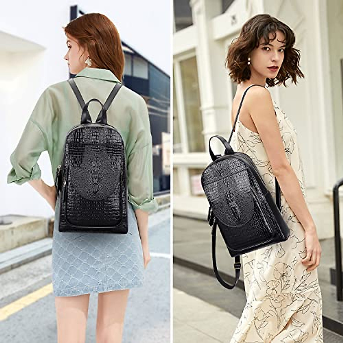PIJUSHI Womens Genuine Leather Backpack Purse for Women Crocodile Leather Backpack (66512 Black Croco)