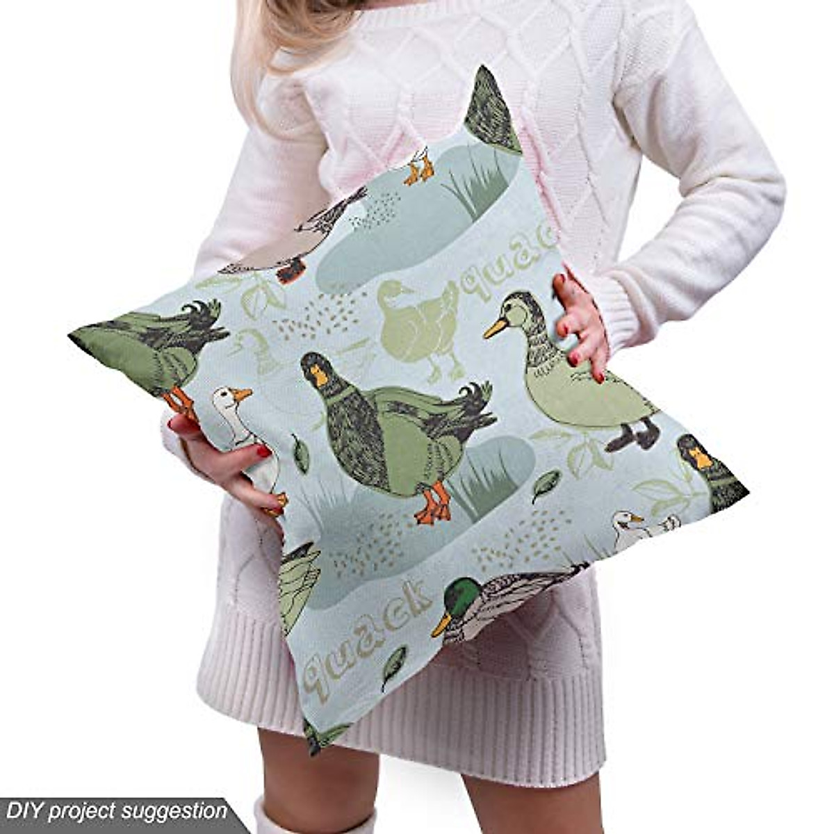 Lunarable Geese Fabric by The Yard, Ducks Fowl on The Farm with Greenery Leaves Etching Illustration Design Print, Decorative Fabric for Upholstery and Home Accents, 1 Yard, Olive Green