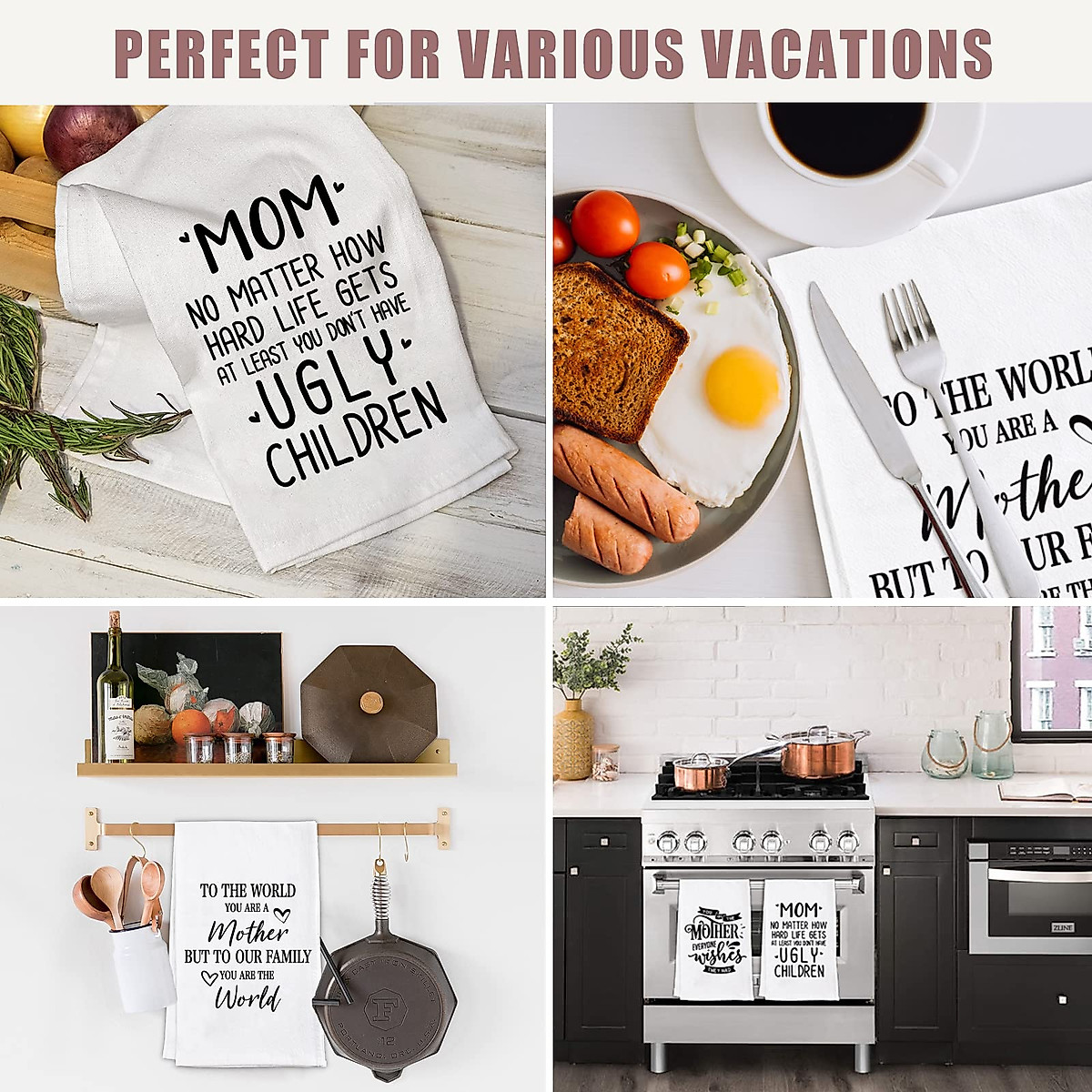 Vastsea Christmas Gifts for Mom-Funny Sack Flour Towels for Mom Gifts for Christmas from Daughter Son, Mothers Day Birthday Gifts Valentines Day Gifts for Mom,Great Mother Gifts,Pack of 4