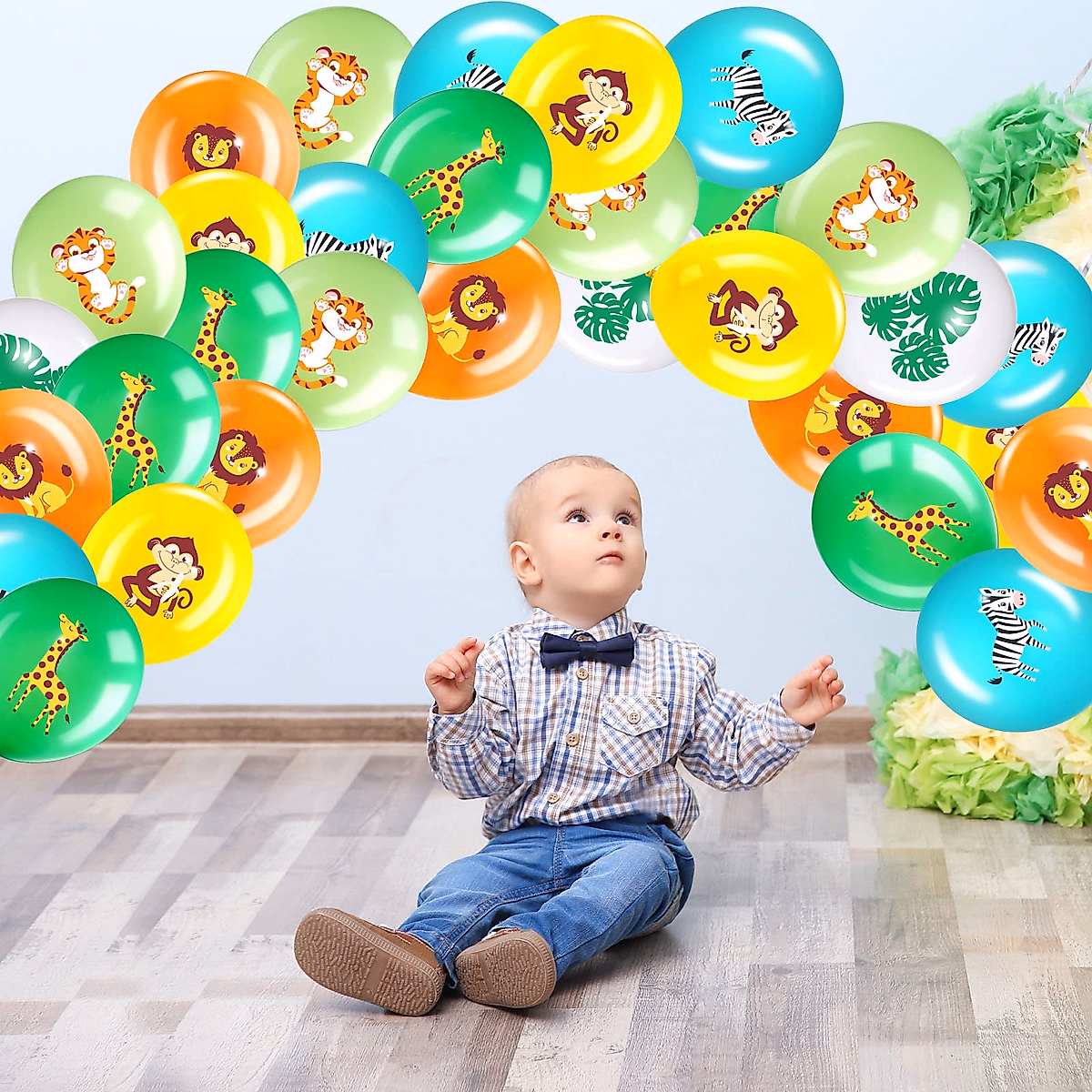 36 Pieces Jungle Safari Party Balloons Decoration Animal Palm Leaves Print Balloon Wild Animals Theme Party Decoration for Birthday Baby Shower Girl Boy Balloon Arch Garland Party Supplies, 12 Inches