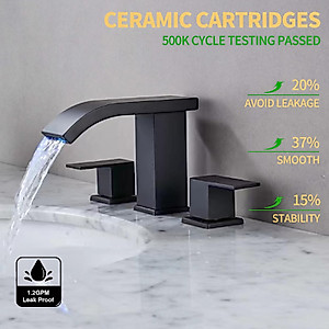 Skybathjoy LED Bathroom Faucet 3 Hole, Black Waterfall Bathroom Faucets, 8 Inch Widespread Modern Bathroom Sink Faucet & Parts, Wide Spread Touch On Three Hole 2 Handle Bathroom Vanity Faucet