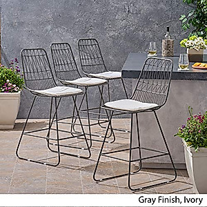 Great Deal Furniture Ella Outdoor Counter Stools, 26" Seats, Modern, Geometric, Gray Iron Frames with Ivory Cushion (Set of 4)