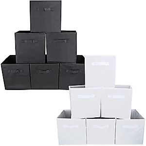 EZOWare Set of 12 Foldable Basket Bin Collapsible Storage Cube For Nursery, Kids Toys Organizer, Shelf Cabinet - (White + Black)