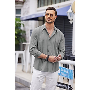 COOFANDY Men's Cuban Guayabera Shirts Casual Long Sleeve Button Down Shirt Summer Beach Tops Grey