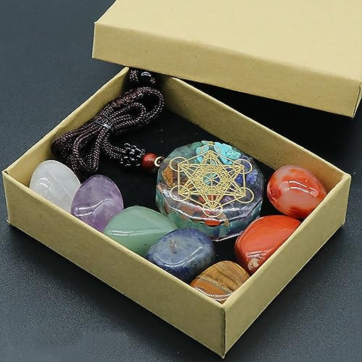 HXSCOO 7 Chakra Stones Healing Crystals Metatron Cube Resin Pendant Spiritual Enhance Set Gift Box (Color : with Gift Box)