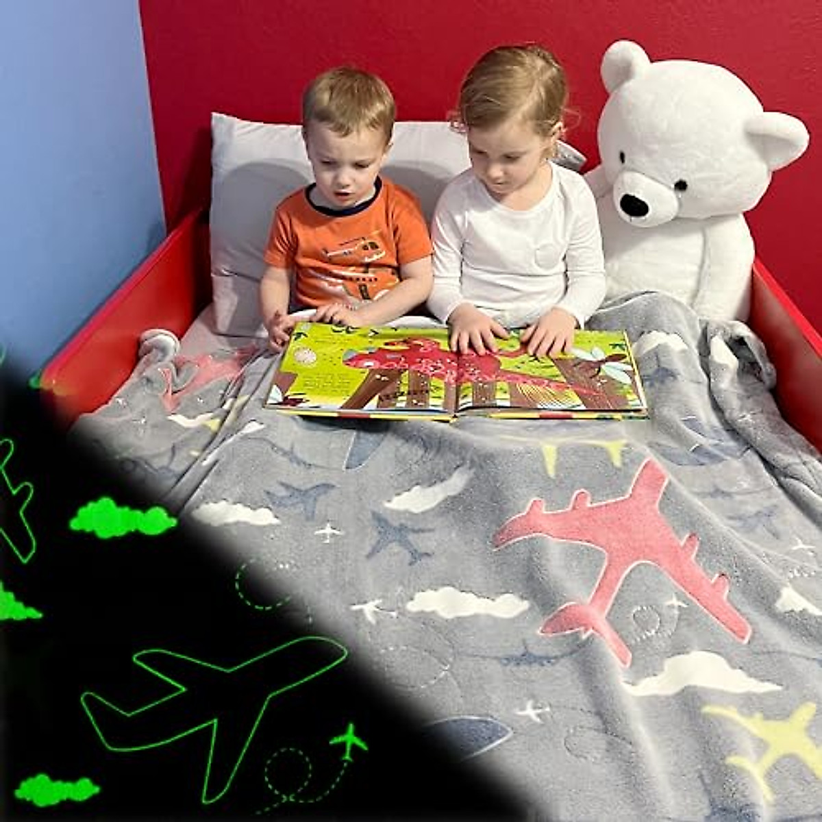 Glow in The Dark Blanket, Soft Plush Kid's Throw, Airplanes Pattern, Fleece, Fun Gifts for Boys and Girls, Unique Birthday Present, Baby Blanket, All Season Blanket, Travel, 40"x60"