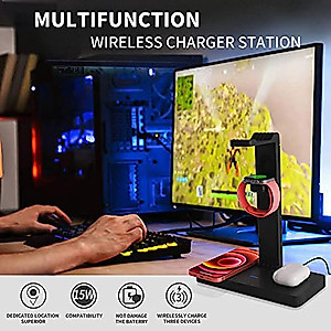 PloutoRich Headphone Stand Headset Holder Hanger Hook with USB Charger, Gaming Headset Stand for All Headsets, 4 in 1 Charging Station for Apple Products, iPhone/iWatch/Airpods/Airpods Max Stand