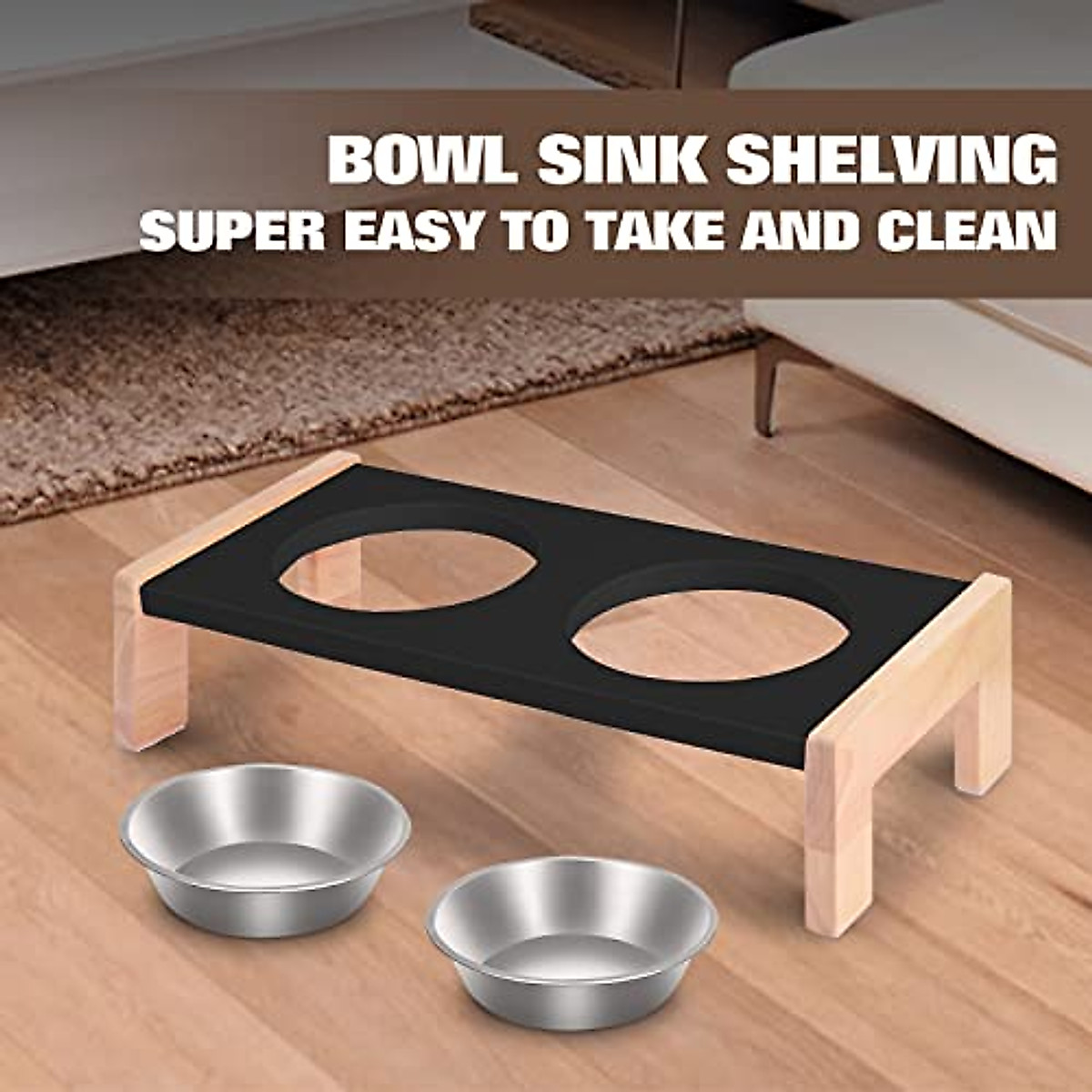 PEEKAB Raised Cat Bowls Elevated Small Dog Bowls,15°Tilted Raised Solid Wood Bowl Holder with 2 Stainless Steel Cat Bowls for Food and Water,Pet Bowls for Indoor Cats and Puppies Small Sized Dogs