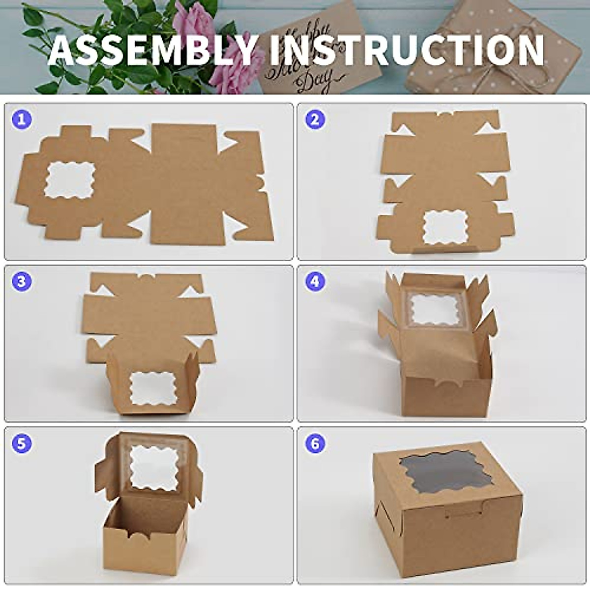 OAMCEG 100 PCS Bakery Boxes with Window and Stickers 4x4x3 Inch Individual Cupcake Boxes Pastry Boxes Cookie Boxes Small Cake Boxes Carrier Holders Containers for Packaging, Mini Dessert Boxes