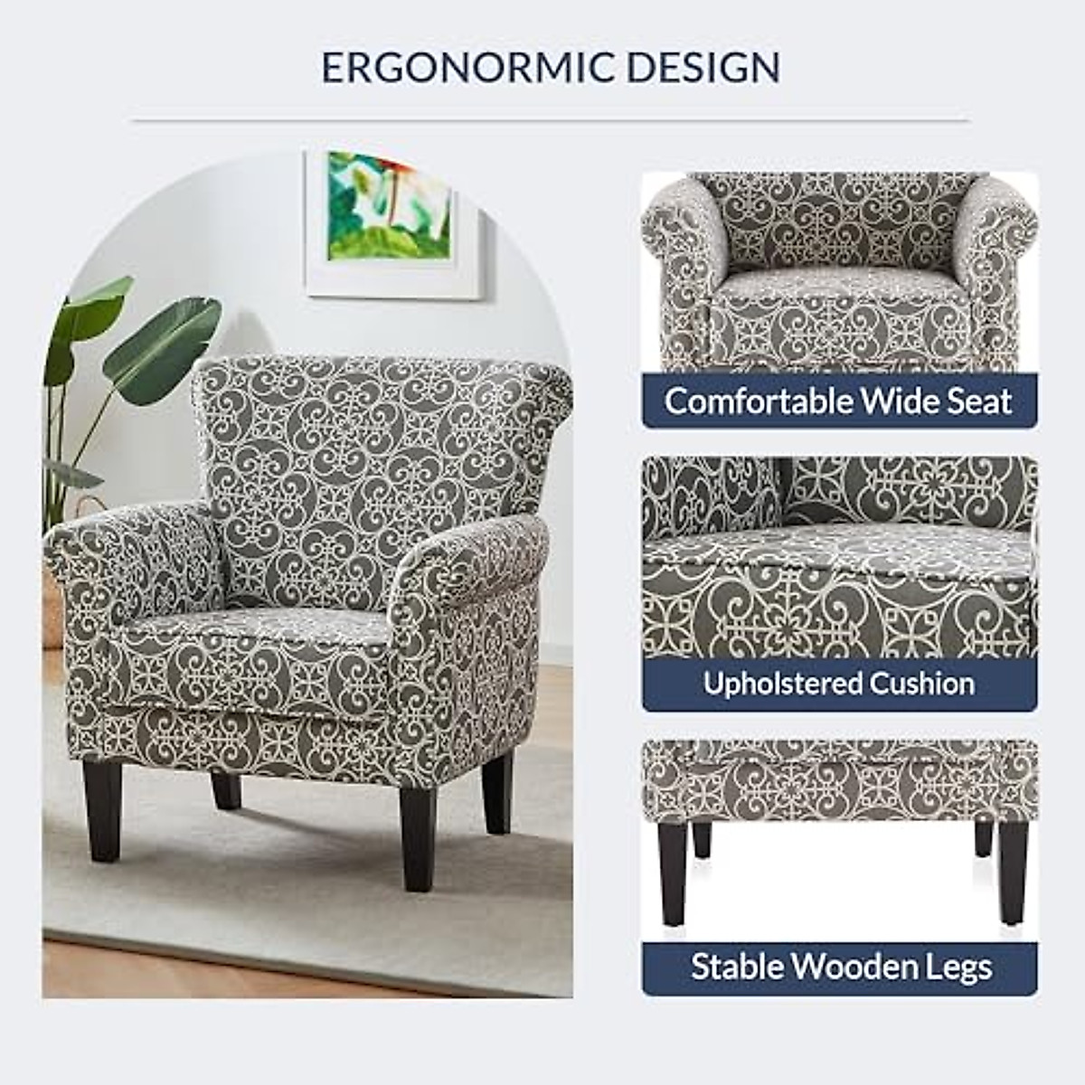 BELLEZE Upholstered Wingback Accent Chair, Fabric Armchair Club Chair, Nailhead Trim High Back Patterned Corner Chair for Living Room Bedroom - Rosette (Gray)