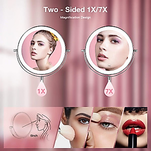 KDKD Lighted Makeup Mirror 7X Magnifying Swivel Vanity Mirror with 72 LED Lights 3 Color Modes, 8 Inch Round Tabletop Standing Polished Chrome Finished Cosmetic Mirror Rechargeable.