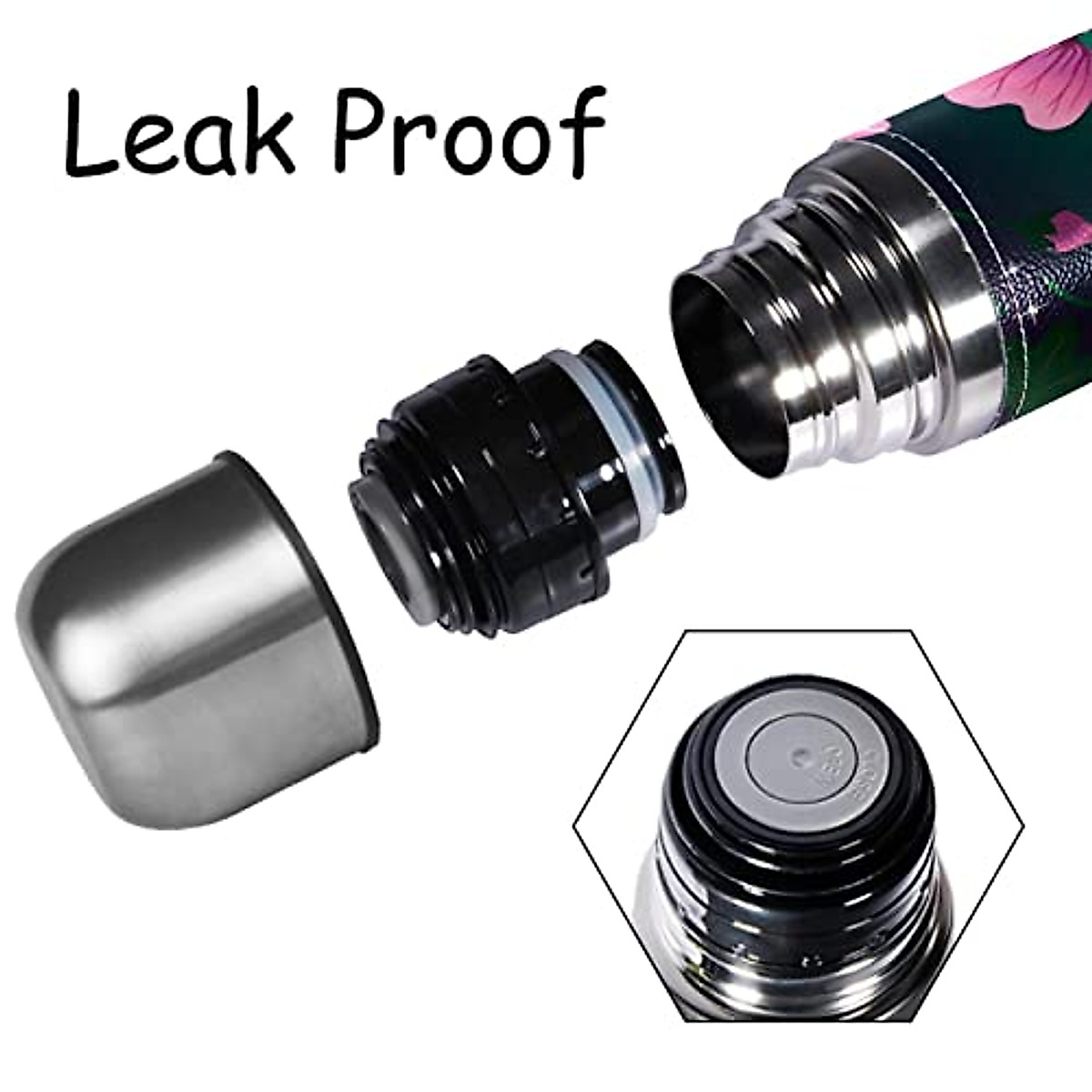 Pink Flower Green Leaves Stainless Steel Water Bottle Leak-Proof, Double Walled Vacuum Insulated Flask Thermos Cup Travel Mug 17 OZ