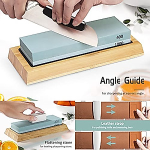 Whetstone Knife Sharpening Stone 4 Side Grit 400/1000 3000/8000 Waterstone, Whetstone Knife Sharpener, Sharpening Stone Whetstone Set with Bamboo Base, Flatting Stone, Angle Guide & Leather Strop