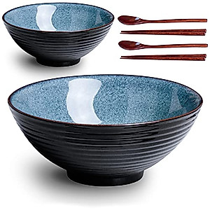 Auanlay 8 Inch Ceramic Ramen Bowl Set of 2, Porcelain 40 oz Japanese Udon Soba Pho Asian Soup Noodle Bowls with Chopsticks and Spoons