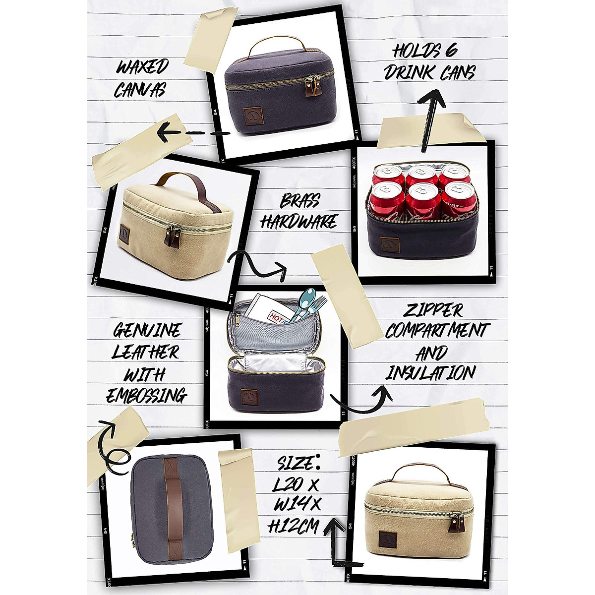 Adyson Insulated Lunch Bag – Leakproof Lunch Bag for Men, Women – Durable Water-Resistant Canvas Lunch Bag – Food Thermos Bag with Pockets and Handle – Charcoal