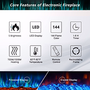 Jolydale Electric Fireplace 50 inch Wall Mounted and Recessed with Remote Control and Touch Panel Control, Timer,12-Level Adjustable Flame Colors and Speed