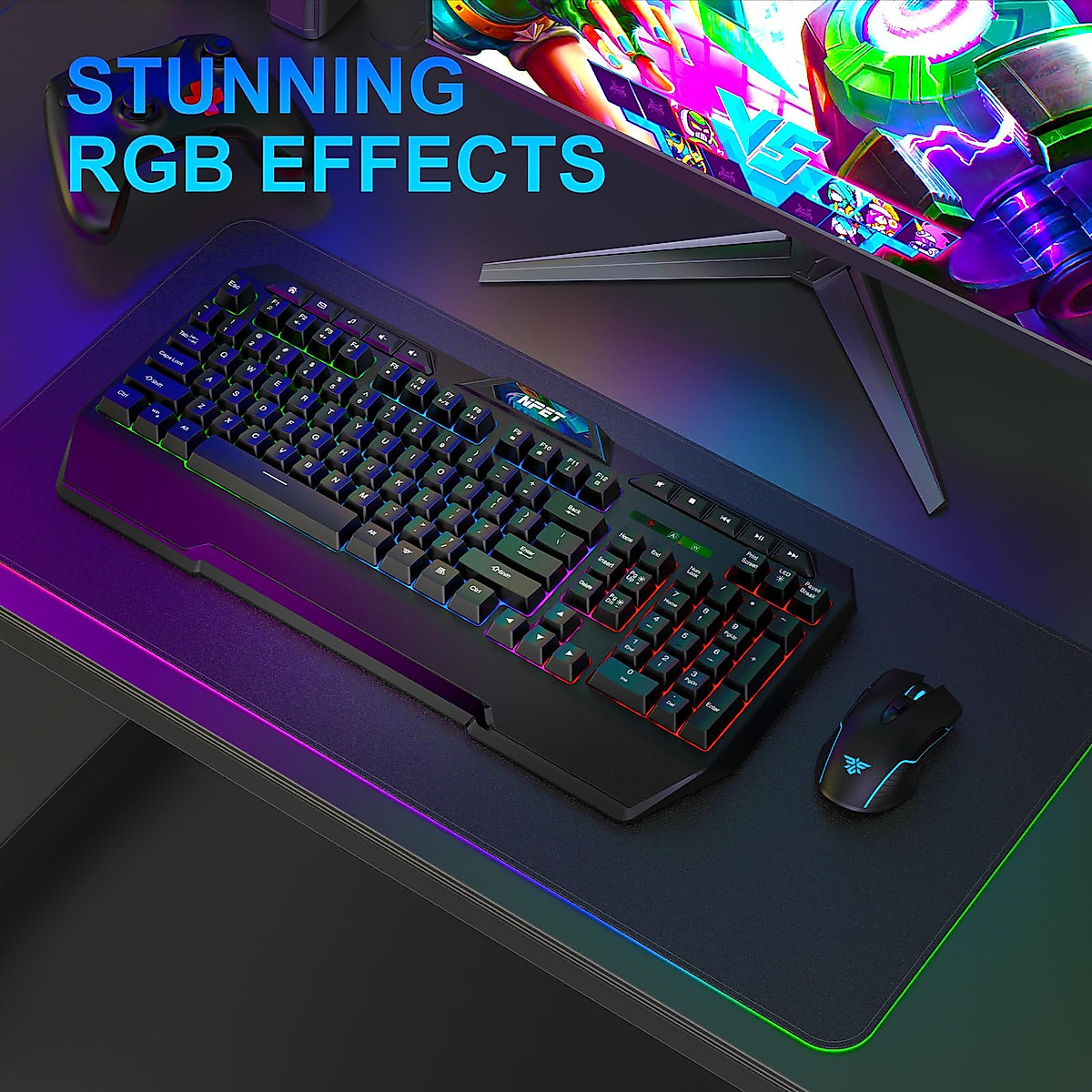 NPET K32 Wireless Gaming Keyboard RGB with Wrist Rest - Long-Lasting Rechargeable Battery - Quick and Quiet Typing - Water Resistant Backlit Wireless Keyboard for PC PS5 PS4 Xbox One Mac - Black