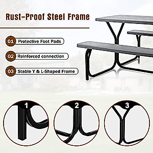 Haddockway Picnic Table Bench Set Patio Camping Table with All Weather Metal Base and Plastic Table Top Outdoor Dining Garden Deck Furniture for Adult Grey